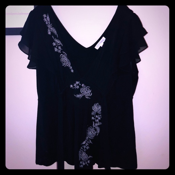 Tops | Black Lowcut Top With Silver Floral Design | Poshmark